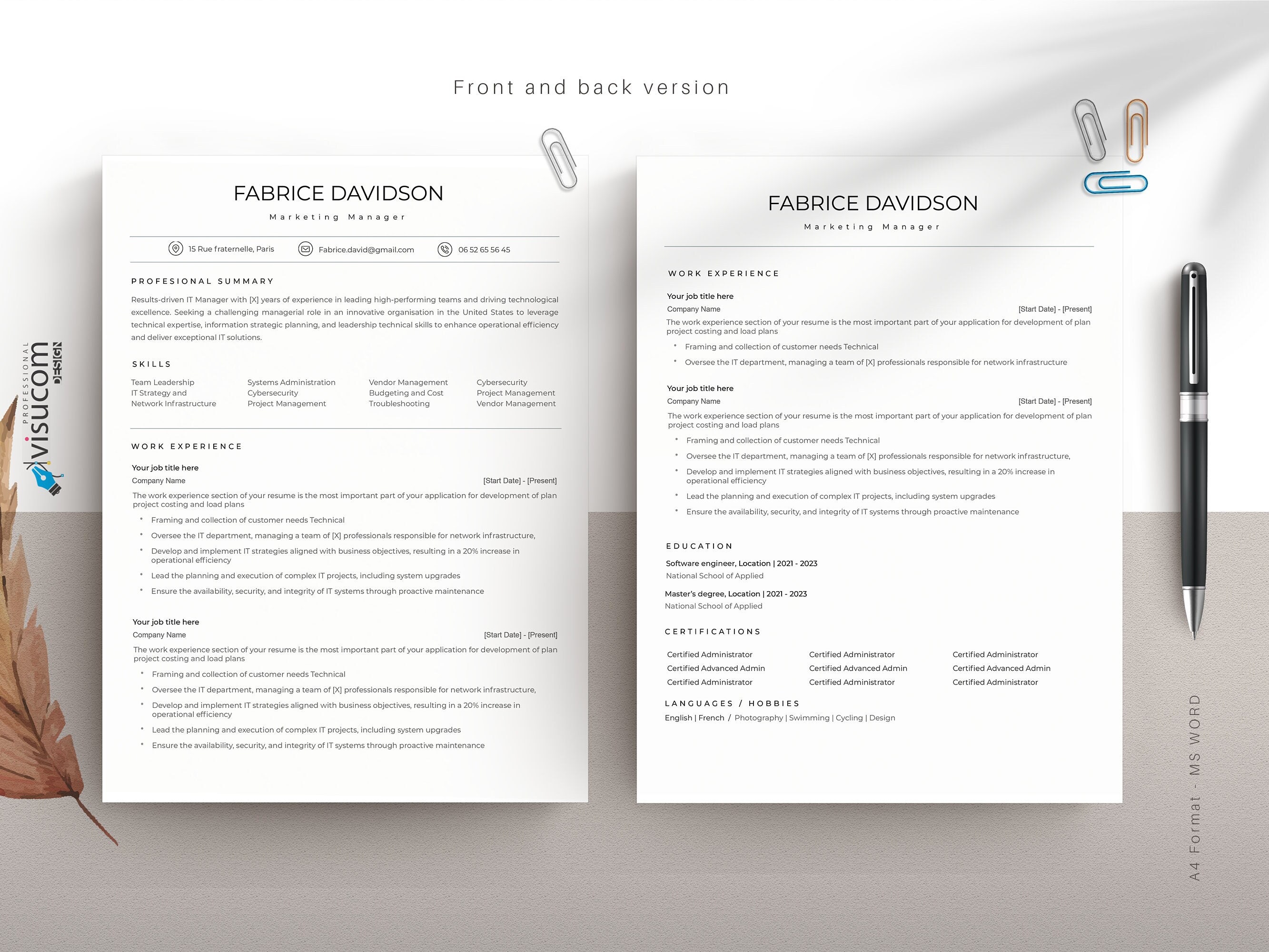 Modern Resume Template ,apple Pages, Microsoft Word, Canva Professional ...