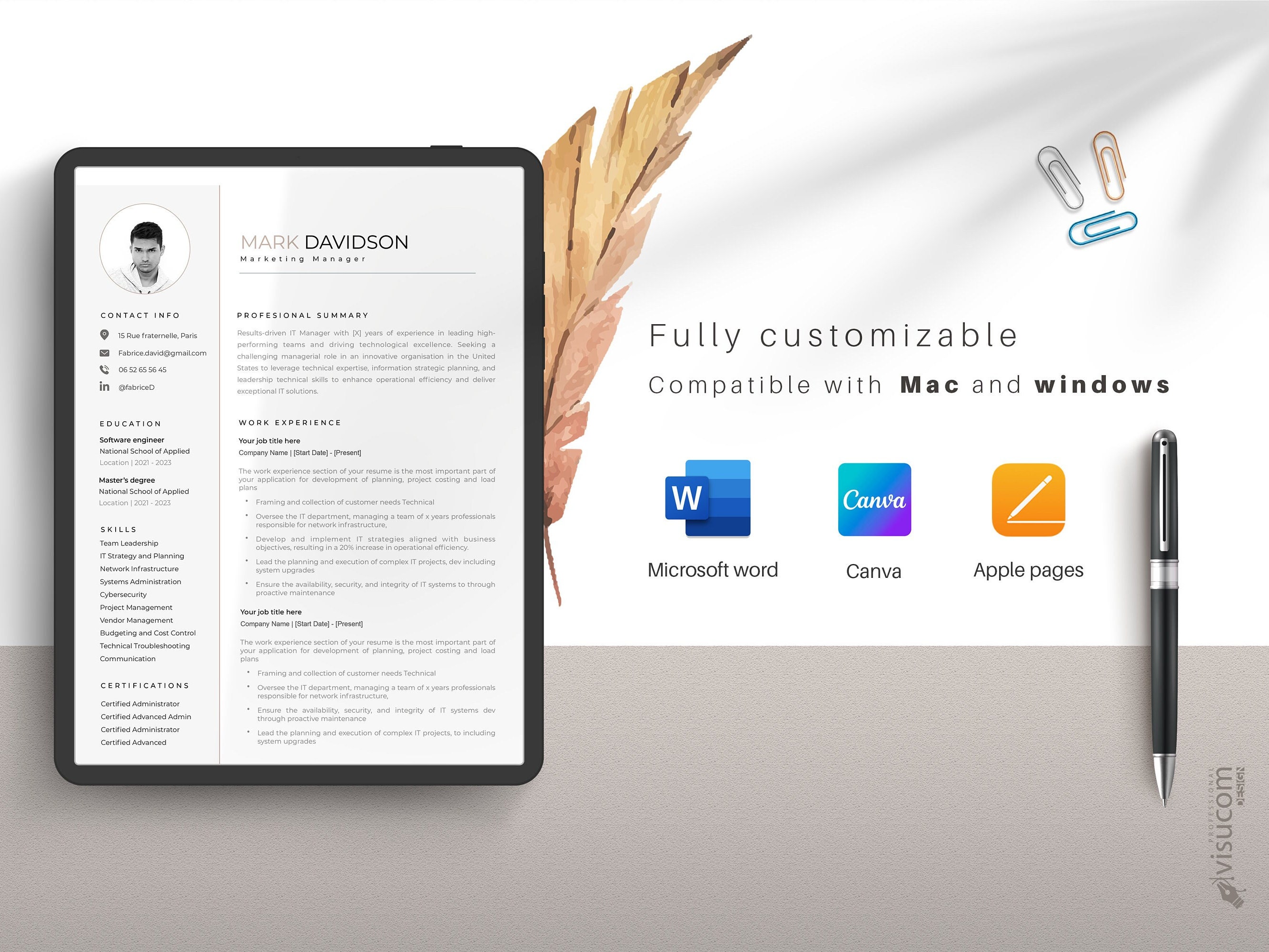Resume Apple Pages Template, Canva, Microsoft Word, Professional Resume ...