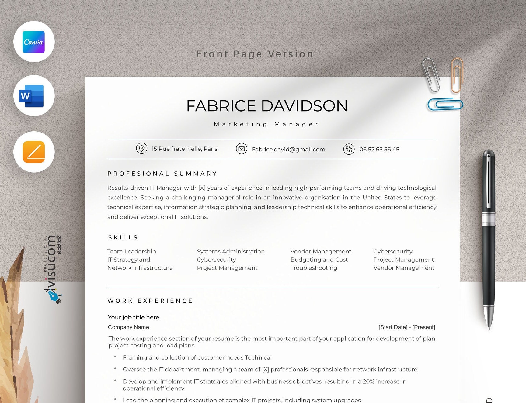 Modern Resume Template apple Pages Microsoft Word Canva - Etsy UK