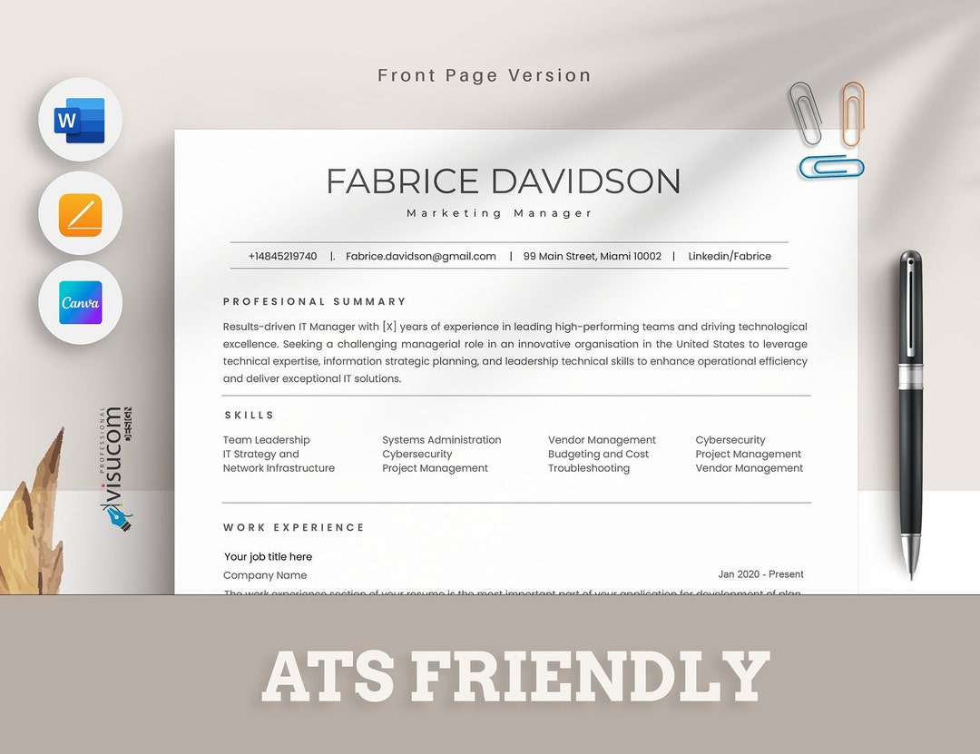ATS Resume Template Word, Pages, Canva, ATS CV Template, Professional ...