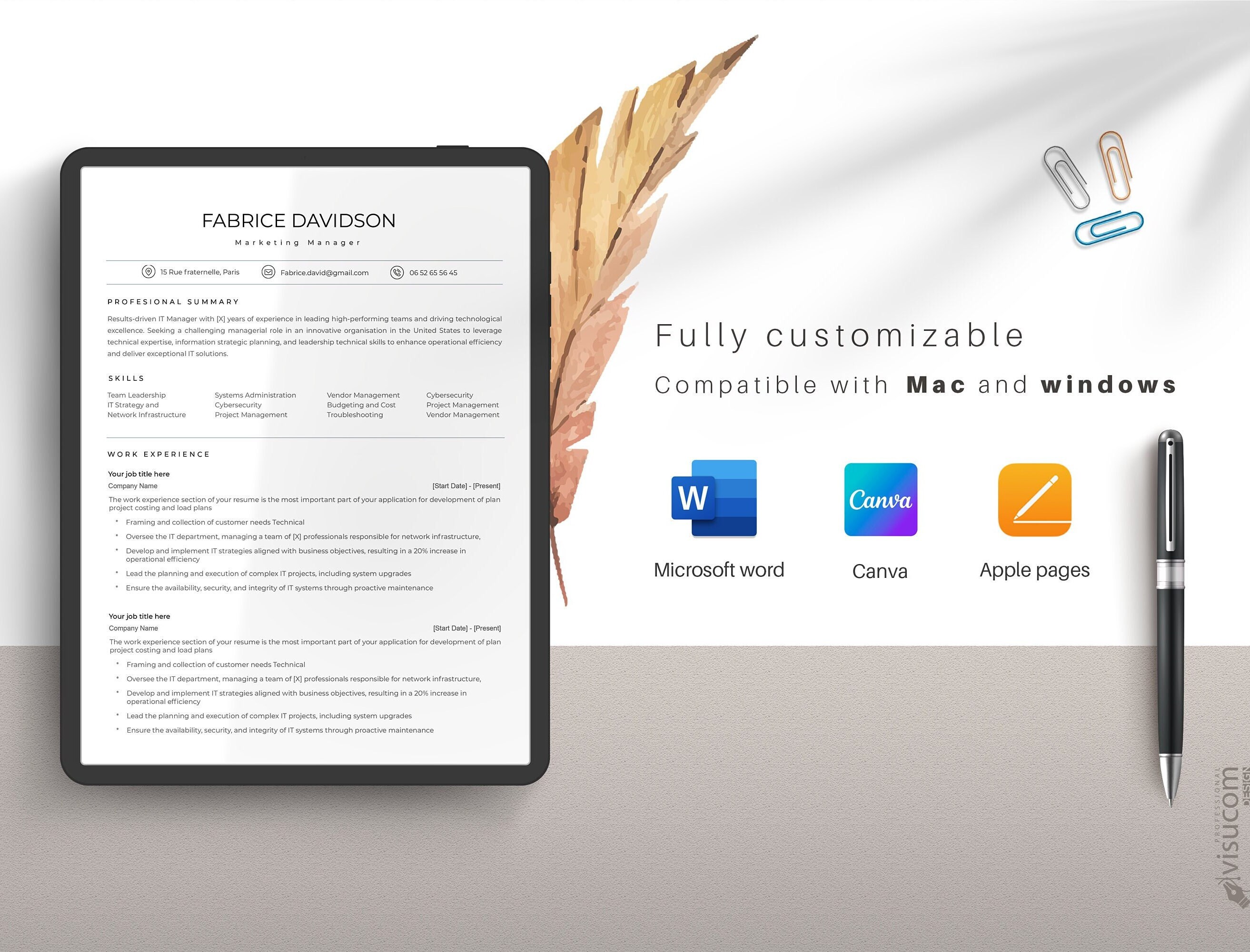 Modern Resume Template ,apple Pages, Microsoft Word, Canva Professional ...