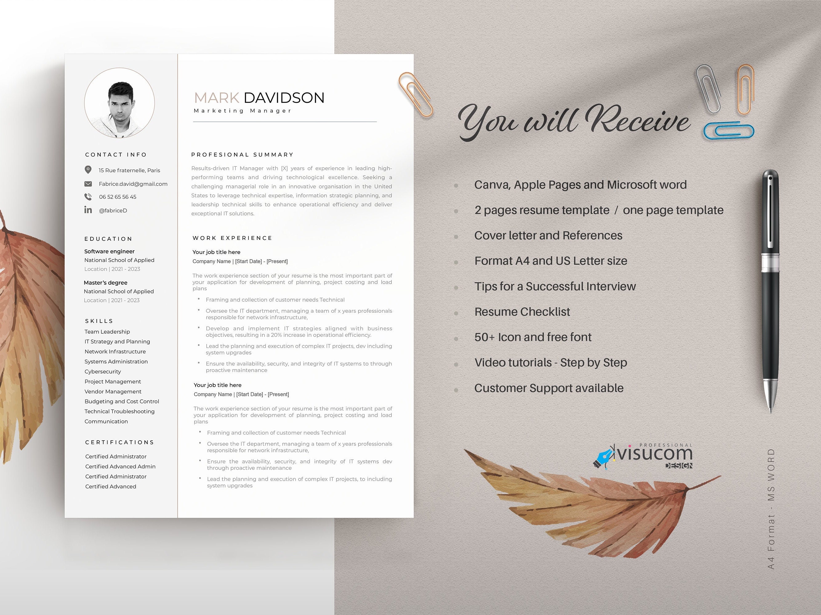 Resume Apple Pages Template, Canva, Microsoft Word, Professional Resume ...
