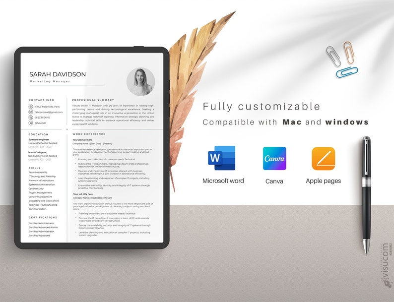 Resume Apple Pages Template, Canva, Microsoft Word, Professional Resume ...