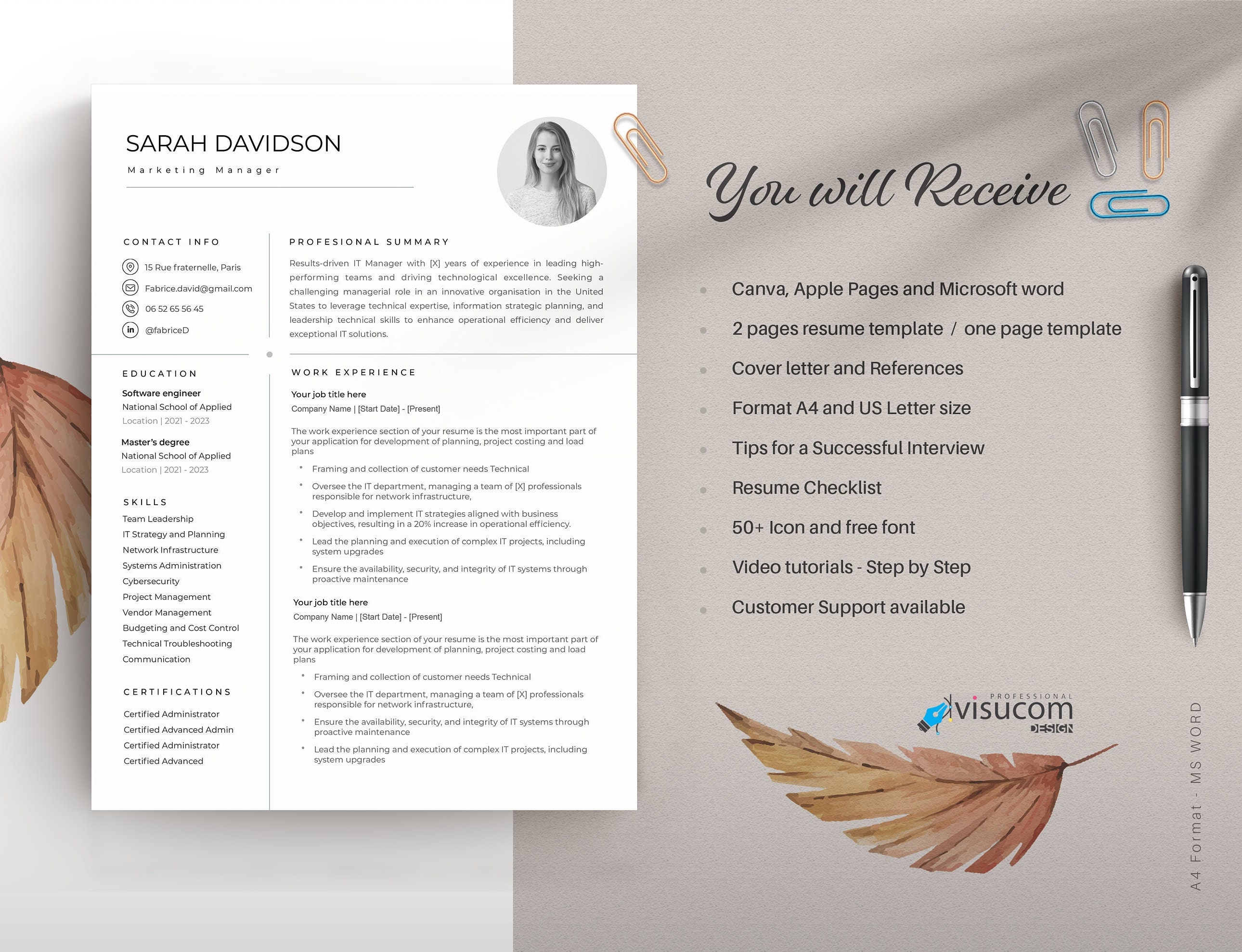 Resume Apple Pages Template, Canva, Microsoft Word, Professional Resume ...