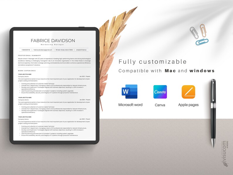 Resume Template Canva,word, Pages, ATS RESUME Template, Professional Cv ...