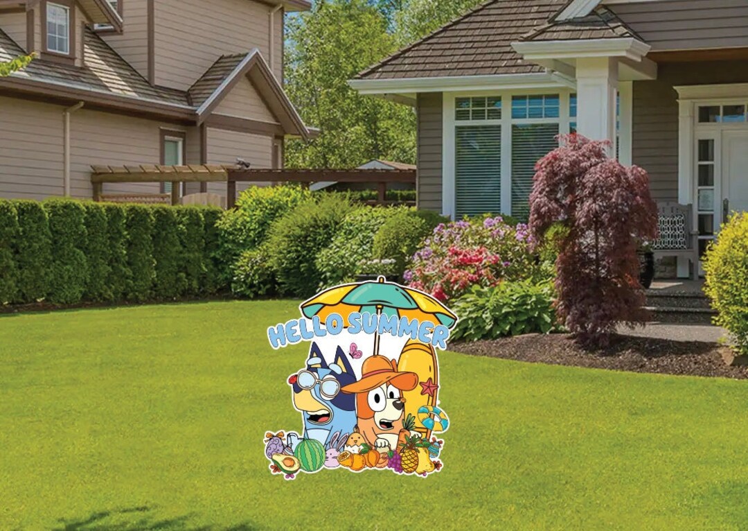 Hello Summer Bluey and Bingo Under Beach Umbrella Fruits Sunglasses Sun ...