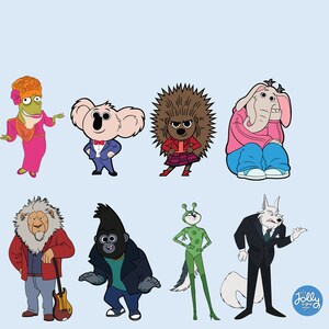 Sing Characters Buster Moon, Ash, Miss Crawley, Meena, Jimmy Crystal ...