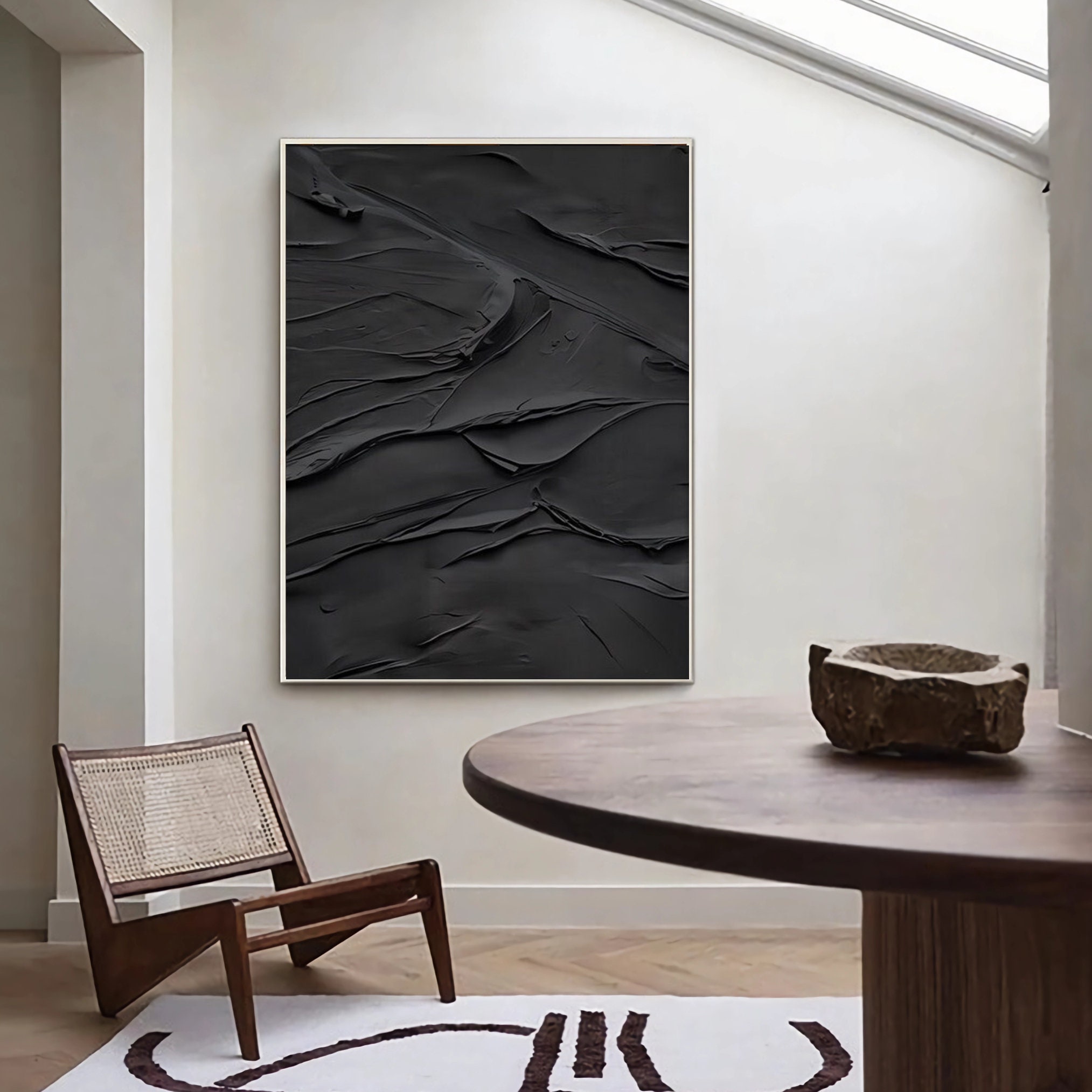 Large Pure Black Textured Abstract Painting Black 3D Plaster Minimalist ...