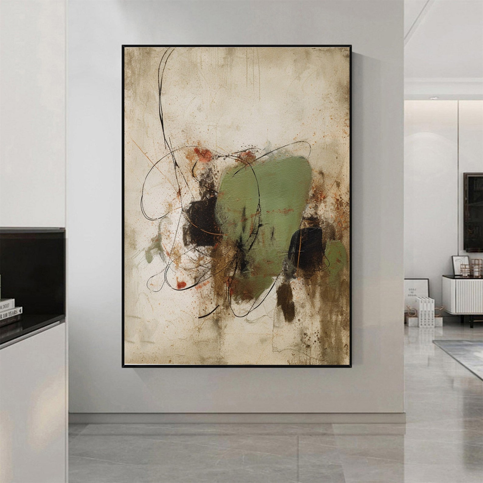 Green Beige Abstract Painting Green Minimalist Wall Art Beige Wabi Sabi ...
