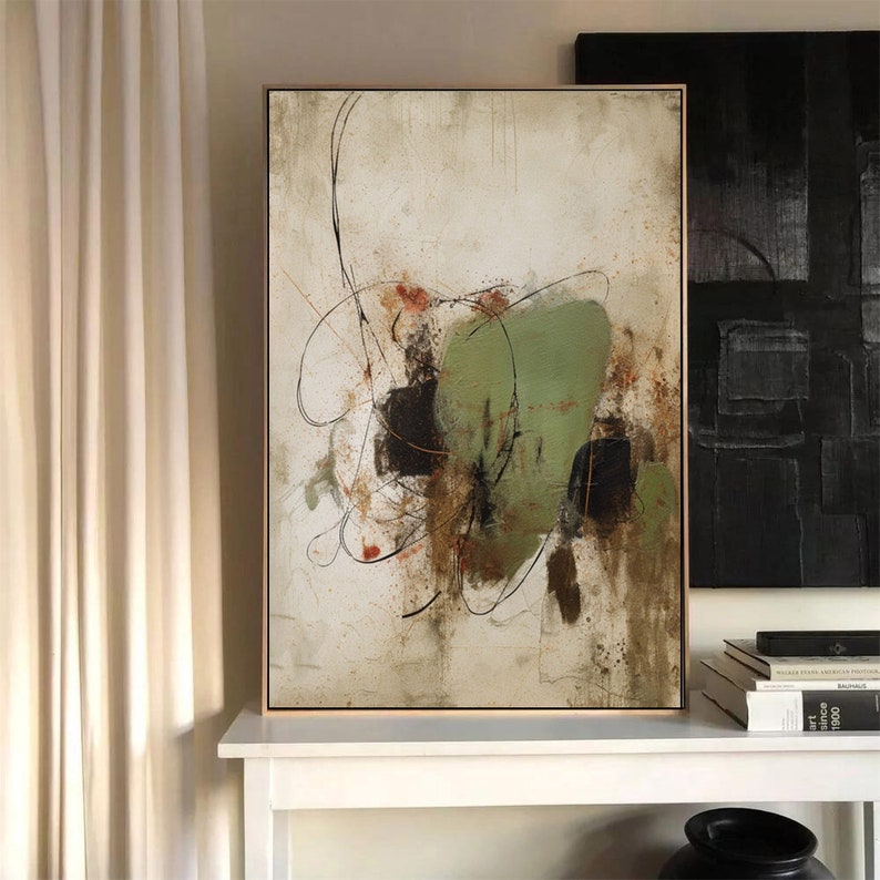 Green Beige Abstract Painting Green Minimalist Wall Art Beige Wabi Sabi ...