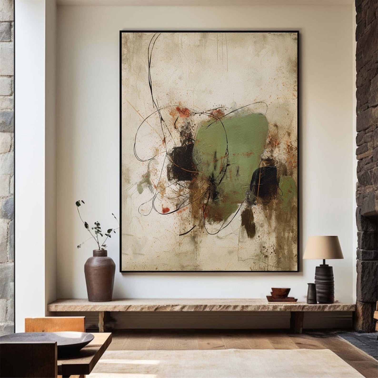 Green Beige Abstract Painting Green Minimalist Wall Art Beige Wabi Sabi ...