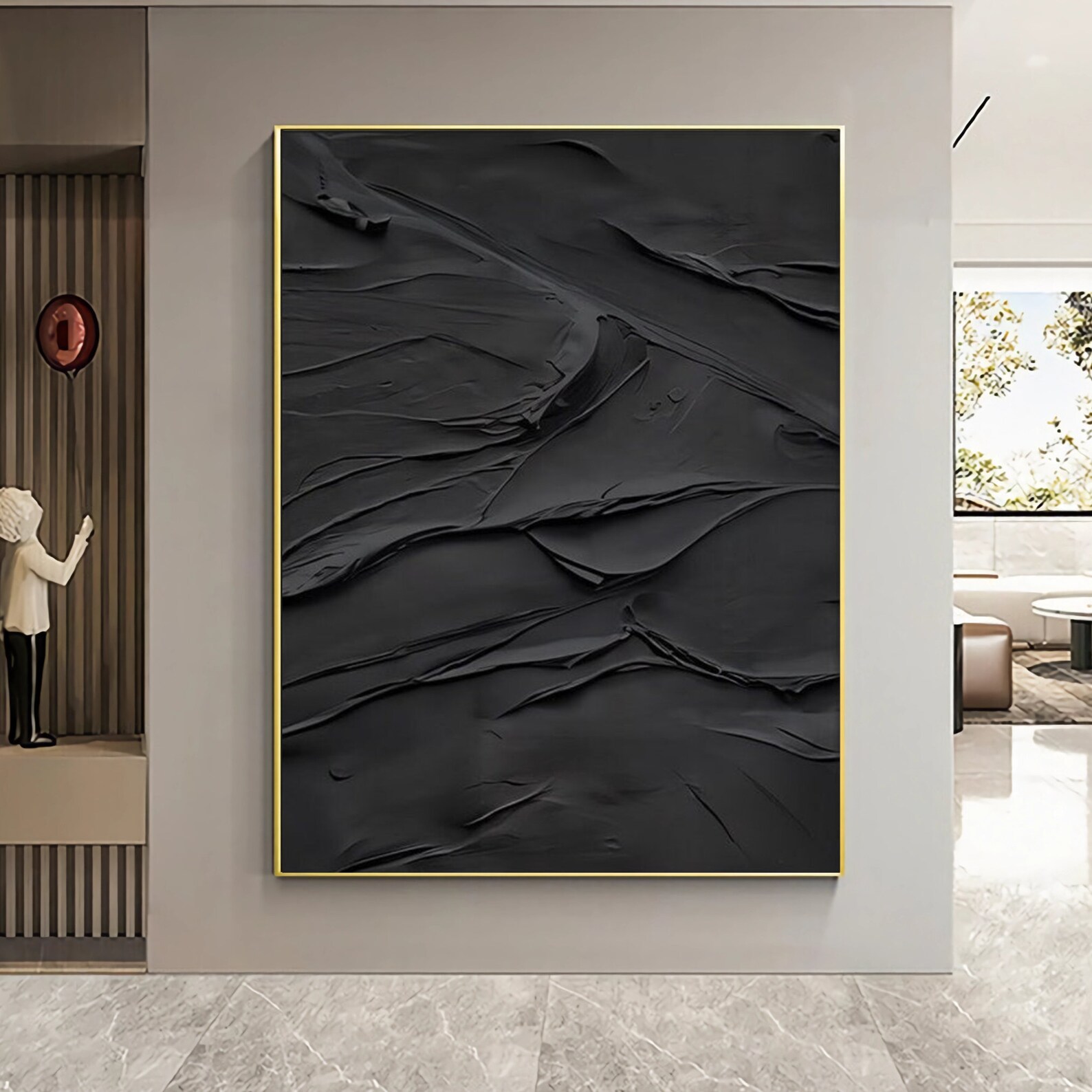 Large Pure Black Textured Abstract Painting Black 3D Plaster Minimalist ...