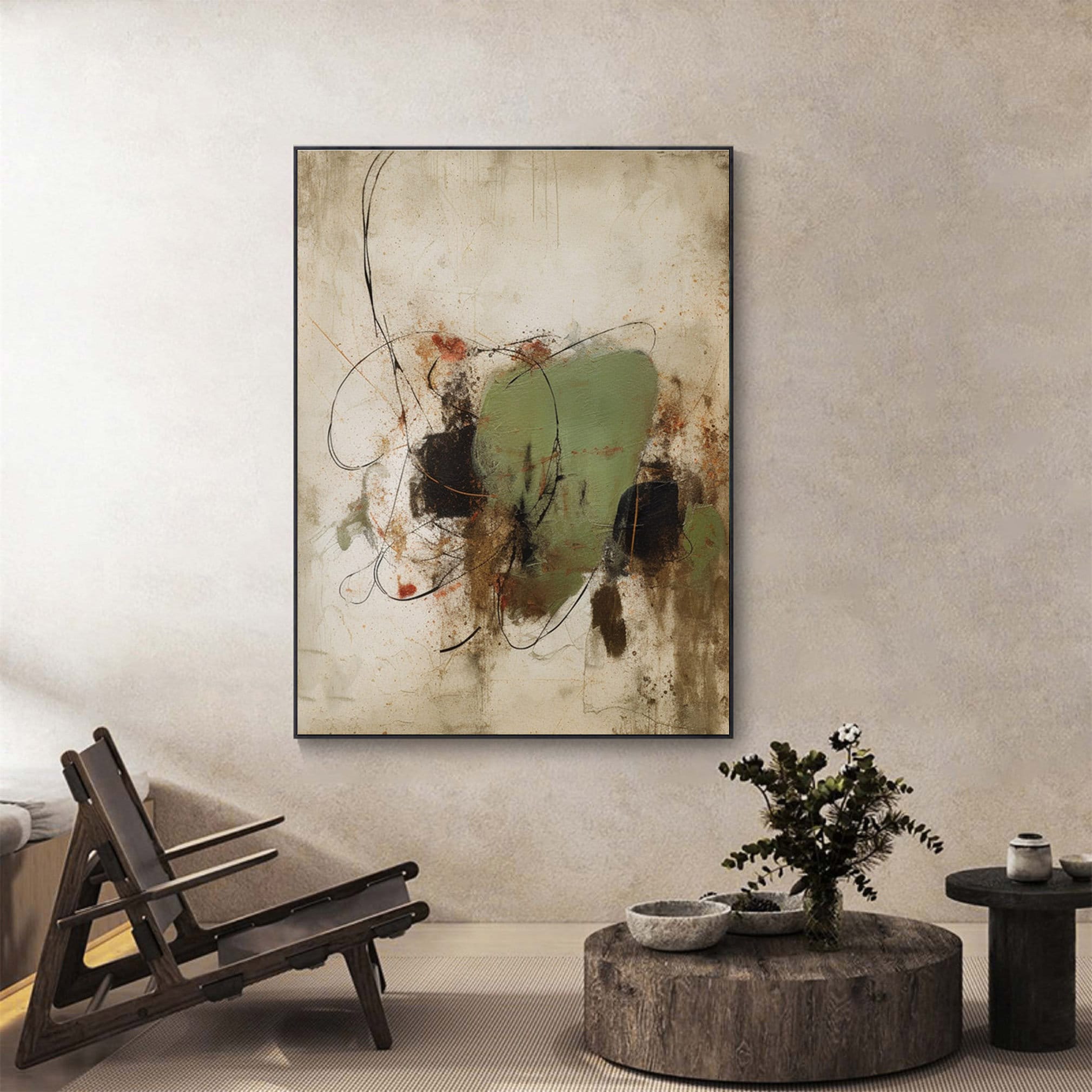 Green Beige Abstract Painting Green Minimalist Wall Art Beige Wabi Sabi ...