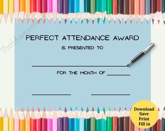 Elementary Perfect Attendance Certificate - Etsy