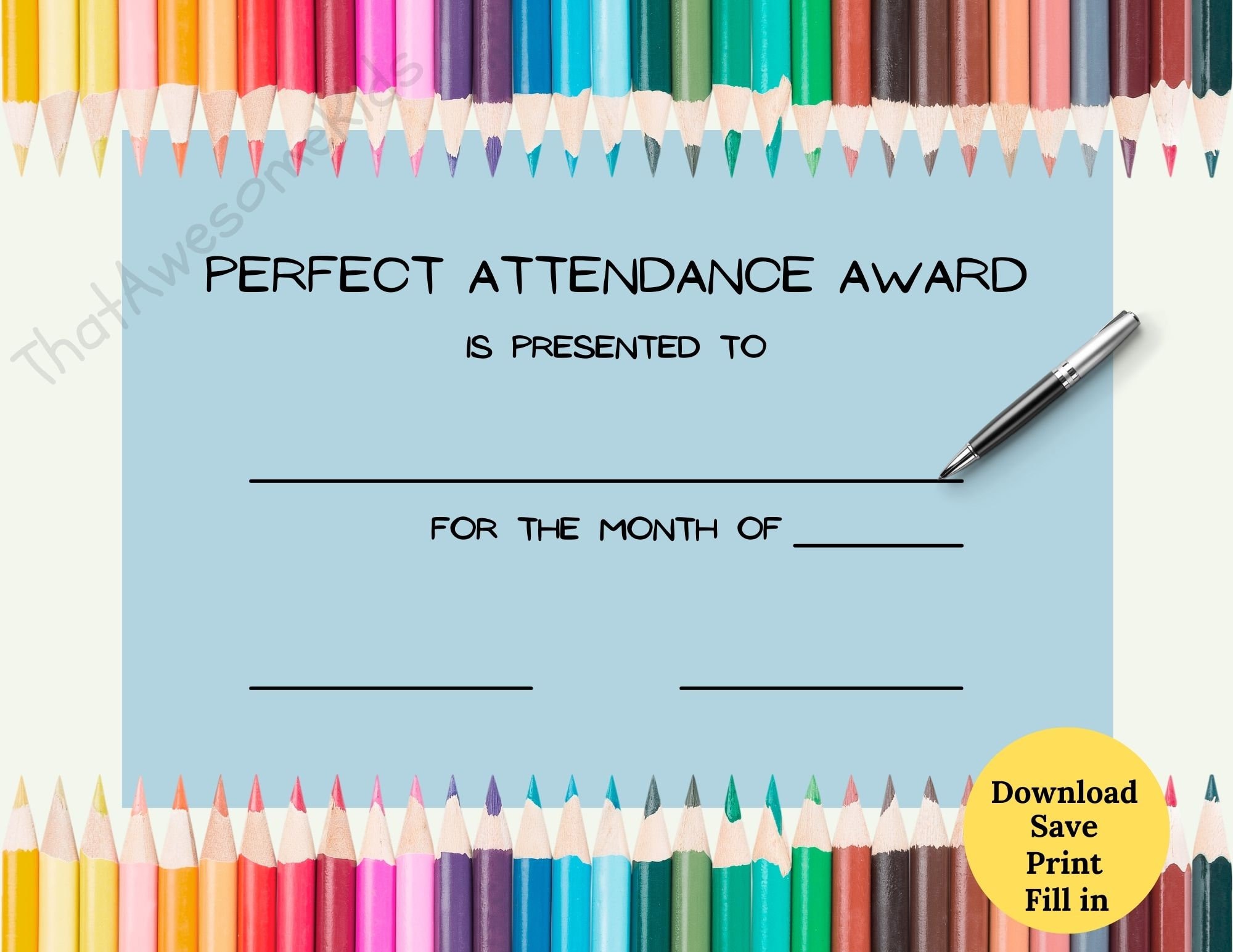 Student Perfect Attendance Printable, Monthly Student Perfect ...