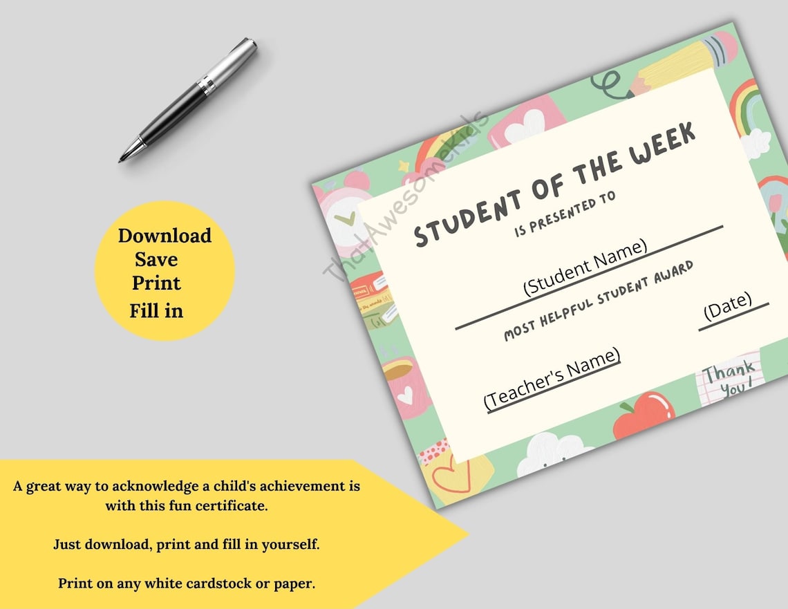 Student Certificate Printable, Student Weekly Certificate Printable, No ...