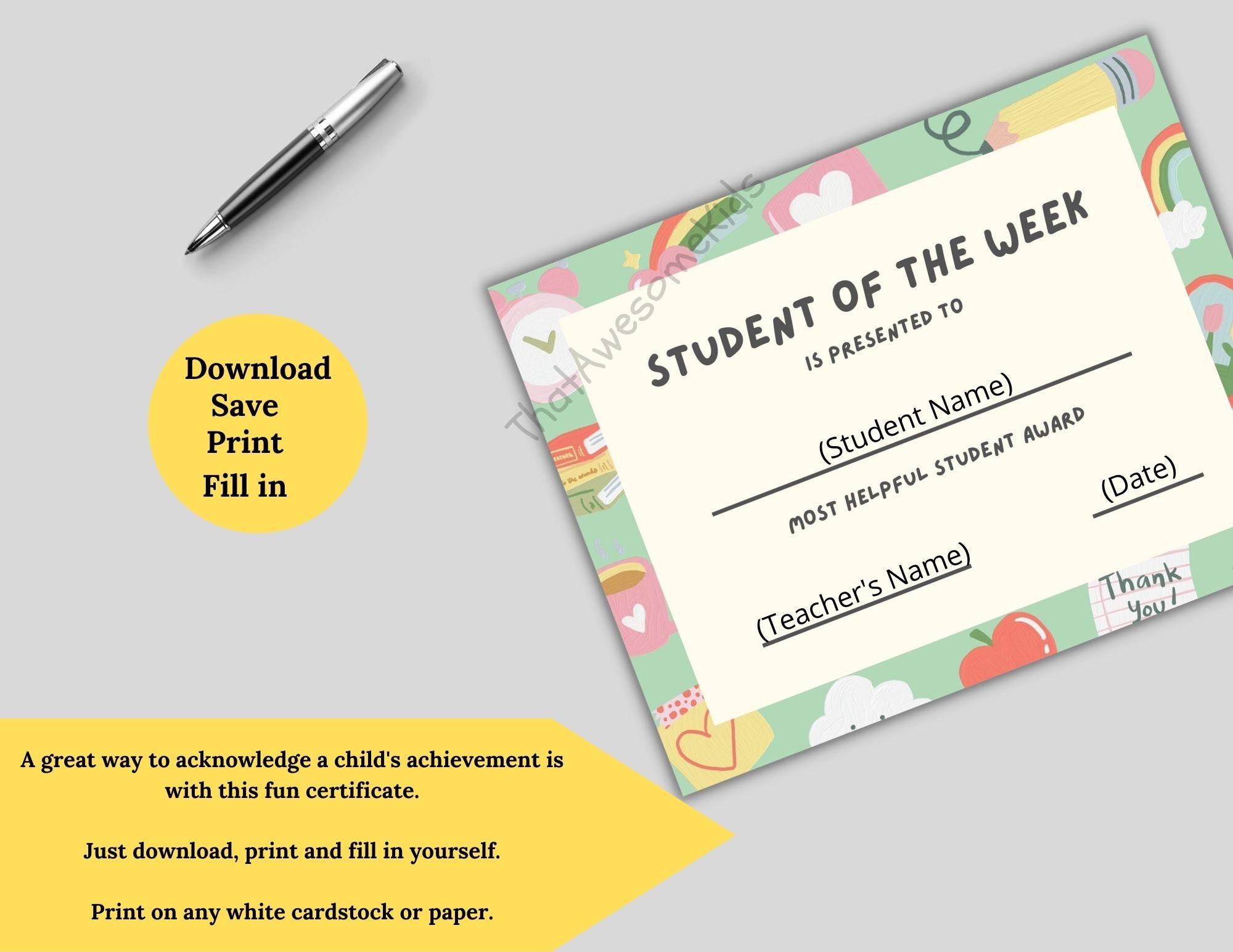 Student Certificate Printable, Student Weekly Certificate Printable, No ...