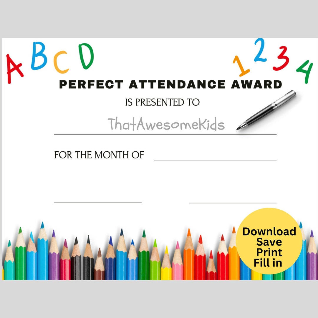 Student Perfect Attendance Printable, Monthly Student Perfect ...