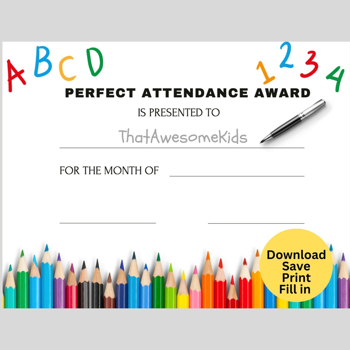 Student Perfect Attendance Printable, Monthly Student Perfect ...