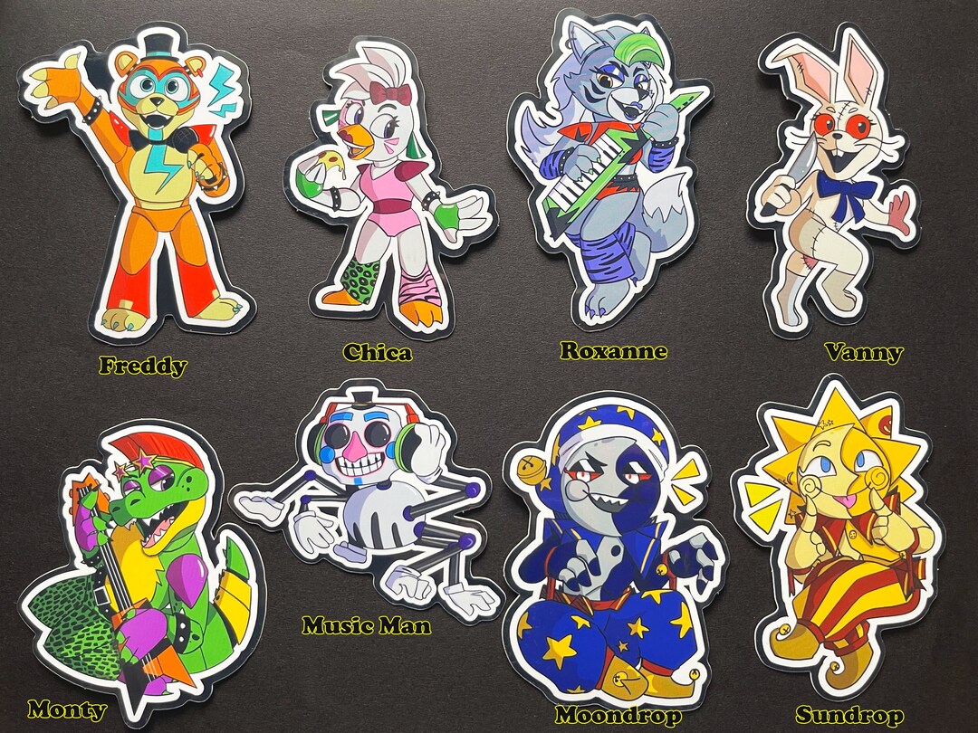 Fnaf Character Vinyl Sticker- Chica, Freddy, Monty, Roxanne, Music Man ...