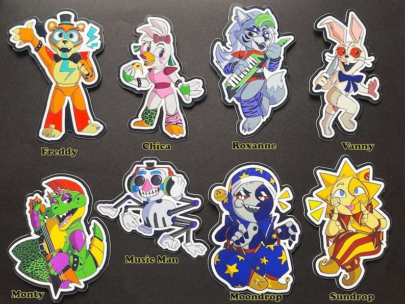 Fnaf Character Vinyl Sticker- Chica, Freddy, Monty, Roxanne, Music Man ...