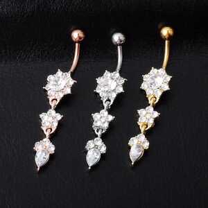 Floral Crystal Silver Gold Rose Gold Belly Ring-belly Button - Etsy