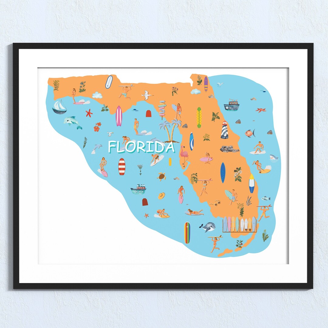 Map of Florida With Surfers Beach Printable Wall Art - Etsy