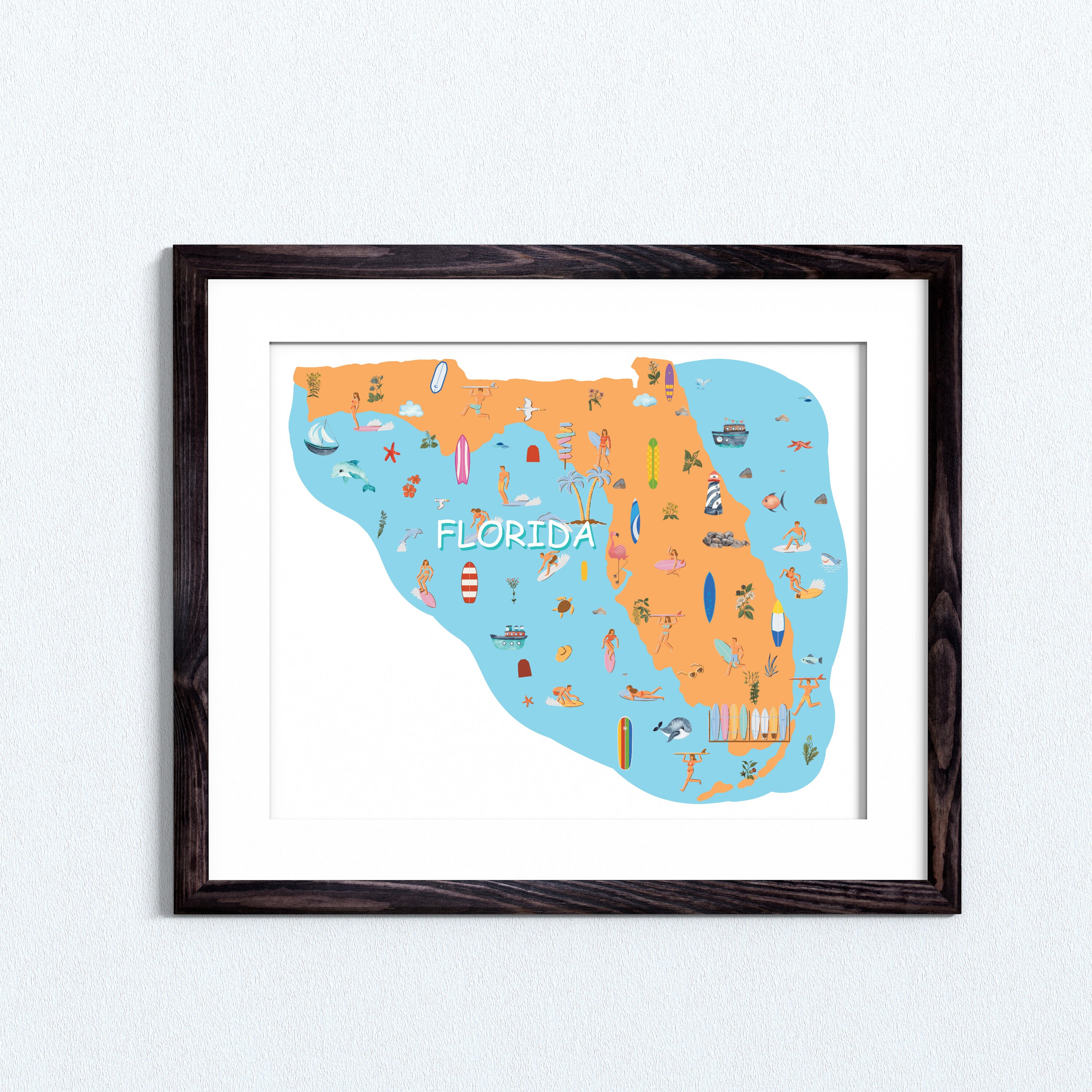 Map of Florida With Surfers Beach Printable Wall Art - Etsy