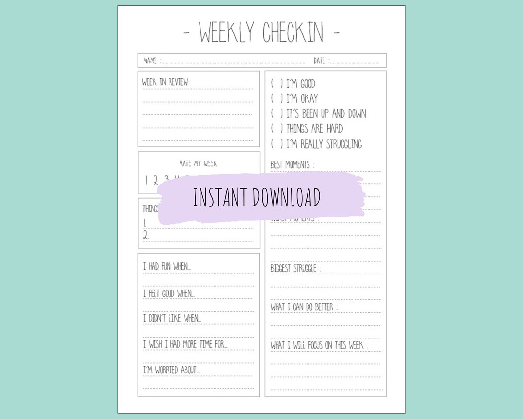 Weekly Checkin, Mental Health Check, Instant Printable Checkin, Digital ...