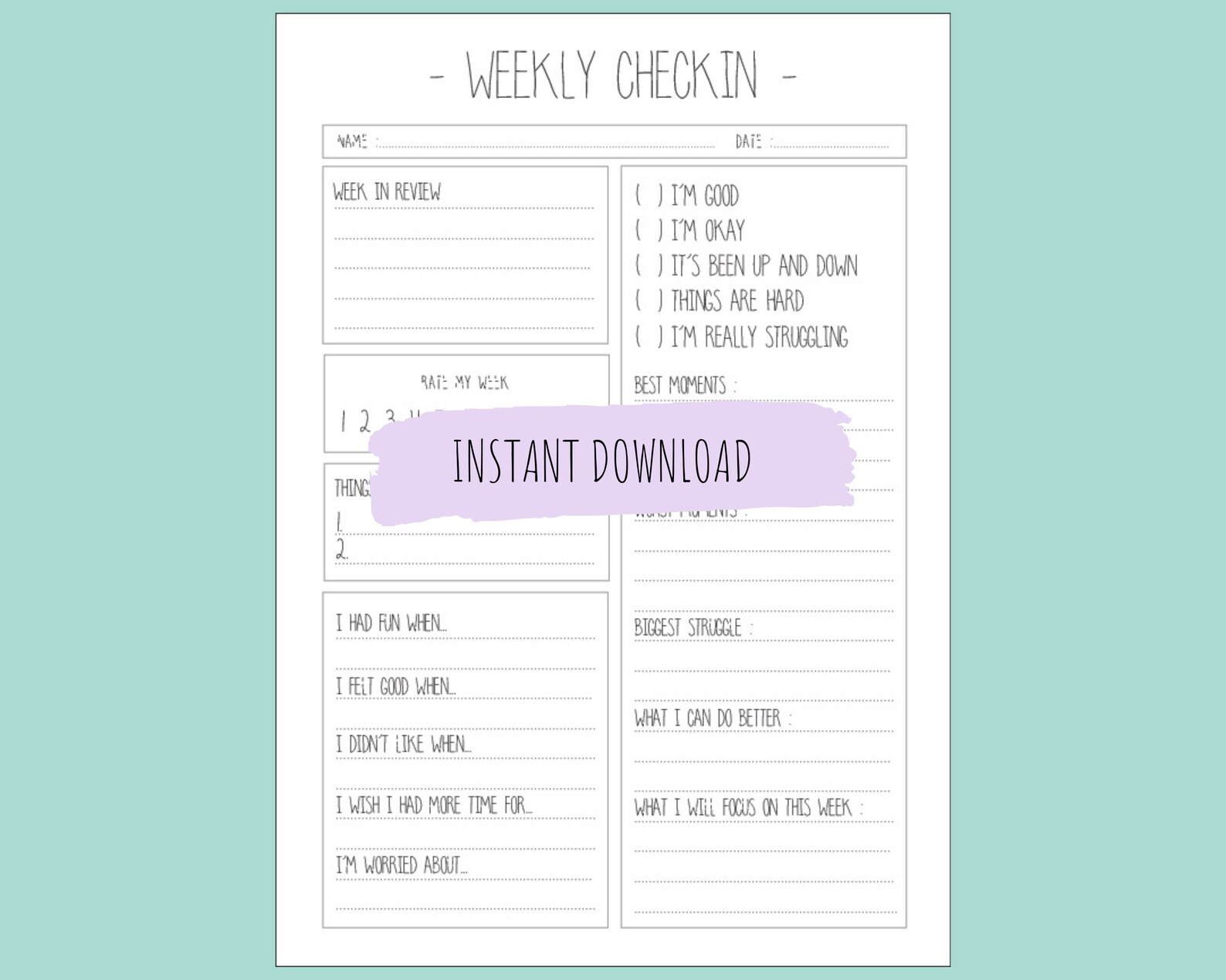 Weekly Checkin, Mental Health Check, Instant Printable Checkin, Digital ...