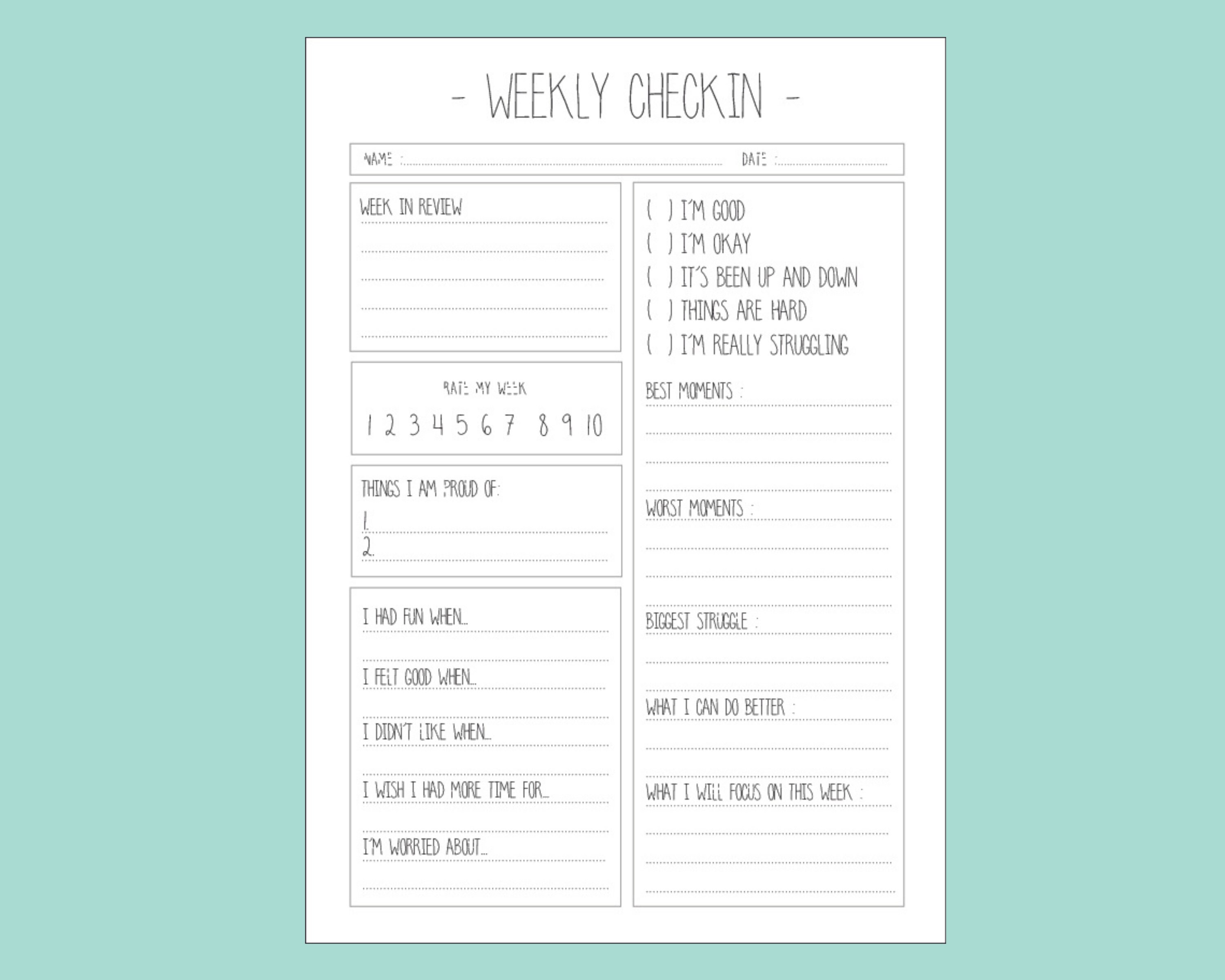 Weekly Checkin, Mental Health Check, Instant Printable Checkin, Digital ...