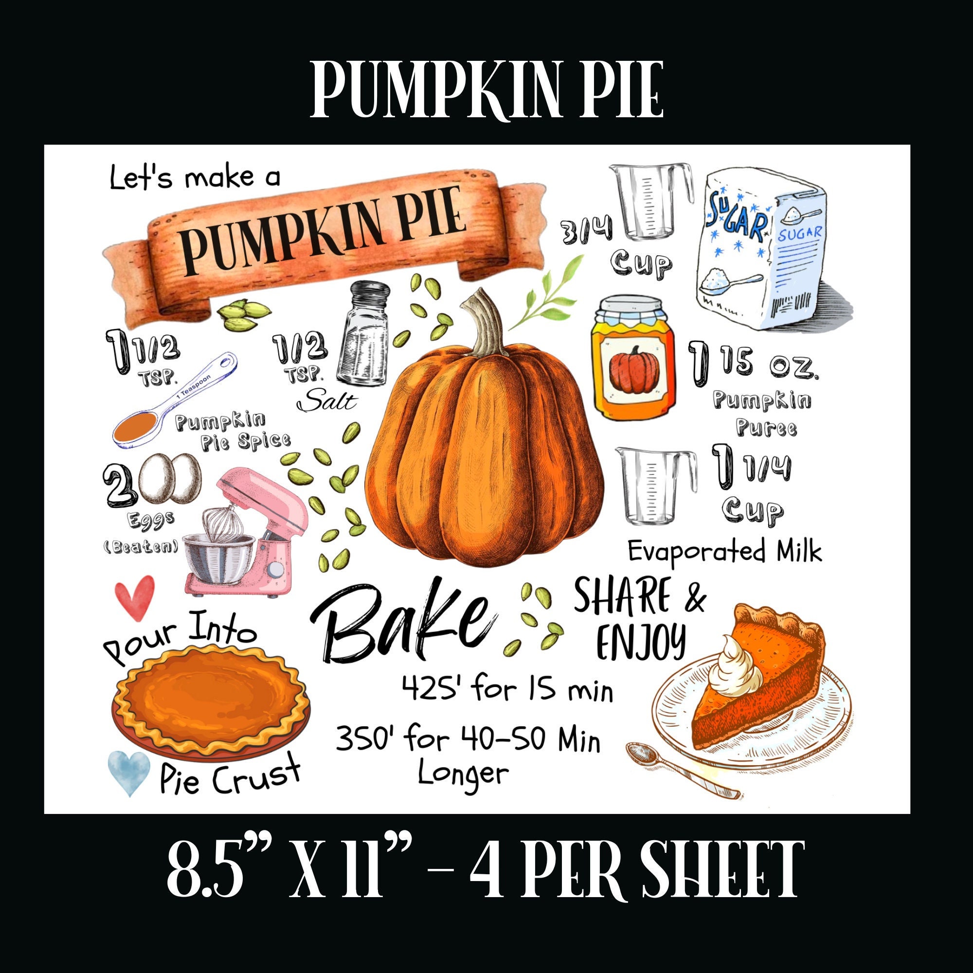 Pumpkin Pie Recipe Postcard Digital Download - Postcard Front Design ...