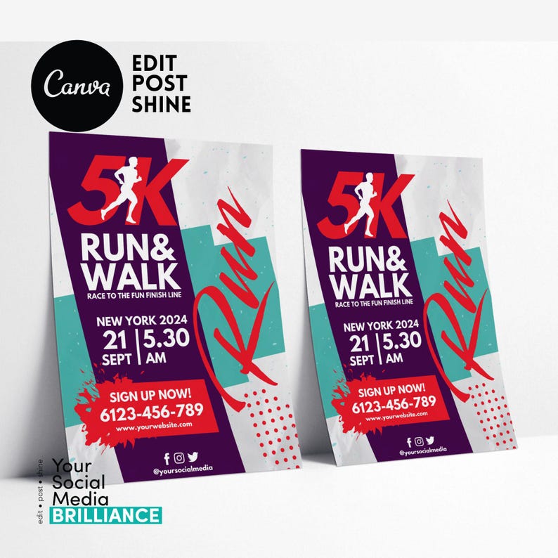 Editable 5K Run Flyer Template DIY Marathon Poster Customizable Race ...