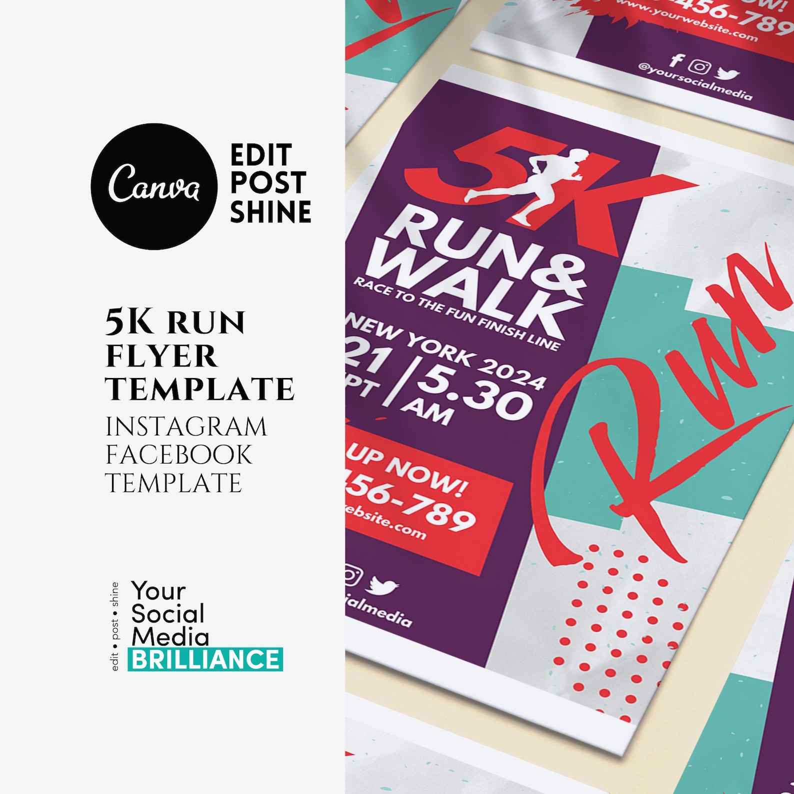 Editable 5K Run Flyer Template DIY Marathon Poster Customizable Race ...