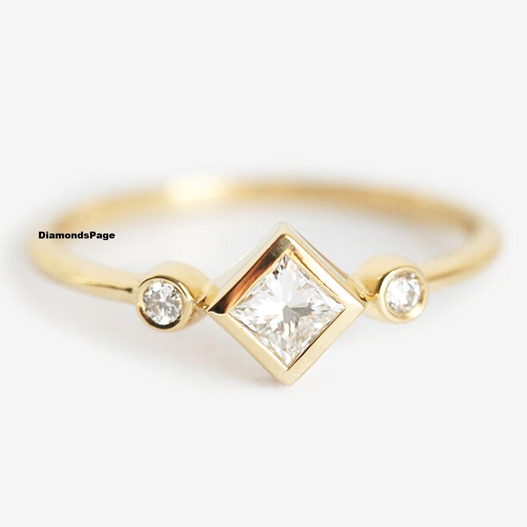 Princess Cut Bezel Set Moissanite Diamond Engagement Ring 14K Yellow ...