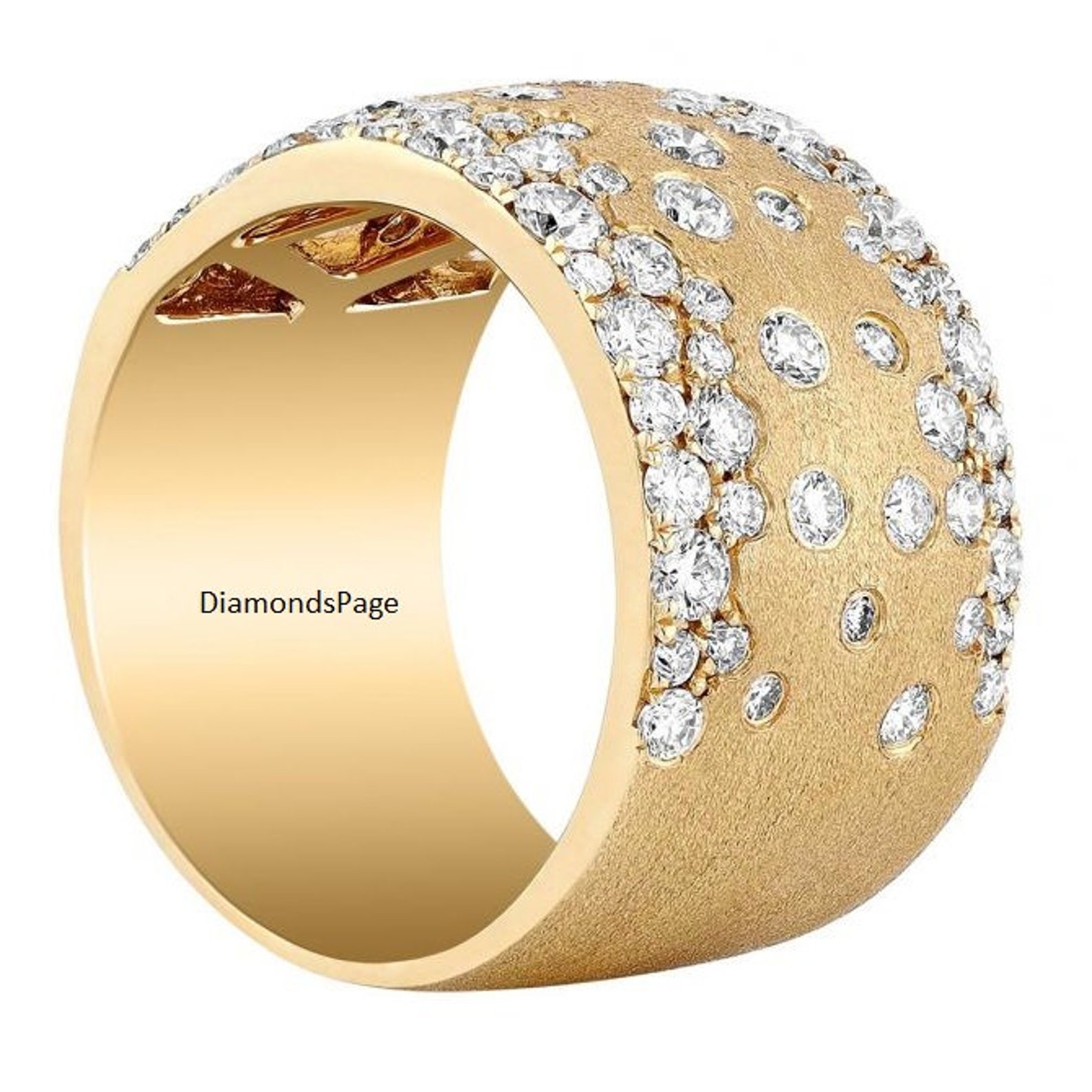14k Yellow Gold Matte Finish Band, Flush Set Round Brilliant Cut Lab ...