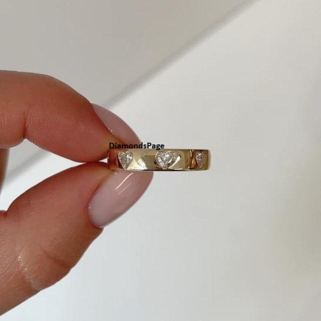 Flush Setting Heart Diamond Band, Wide Band, 14K Solid Gold Band, 4 MM Heart Moissanite Diamond ...