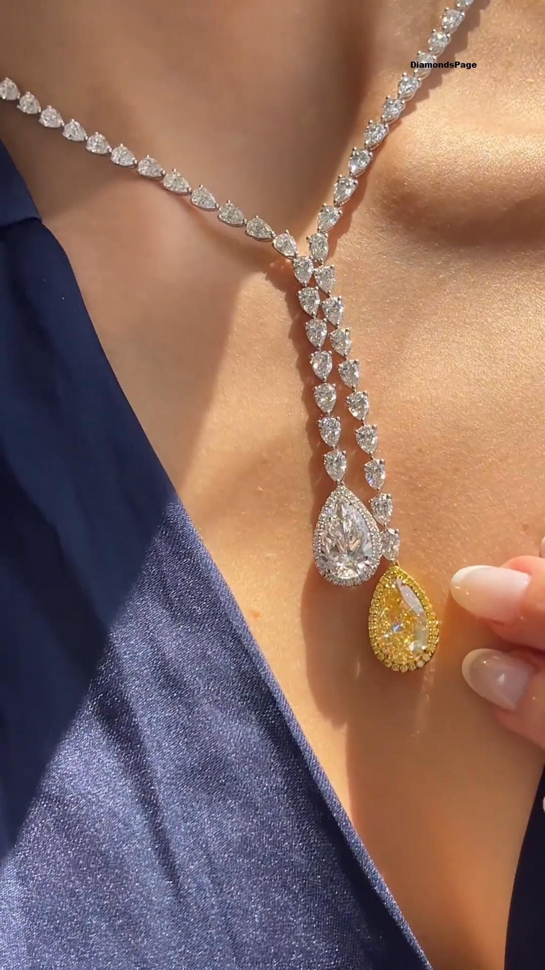 Double Diamond Yellow and White Ice Crushed Diamond Necklace, 14K Two ...
