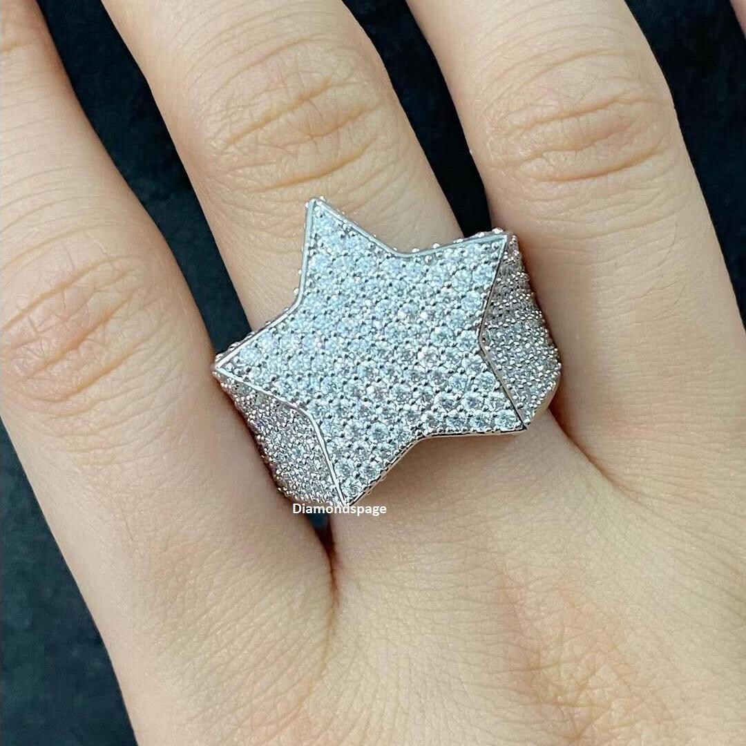 Iced Out Star Shape Engagement Ring, Round Cut Moissanite Micro Pave ...