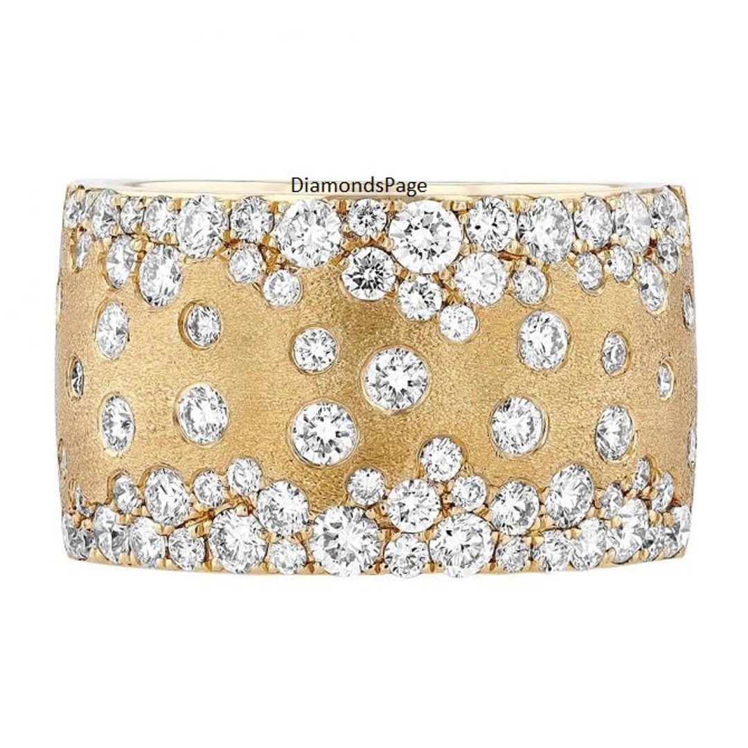 14k Yellow Gold Matte Finish Band, Flush Set Round Brilliant Cut Lab ...