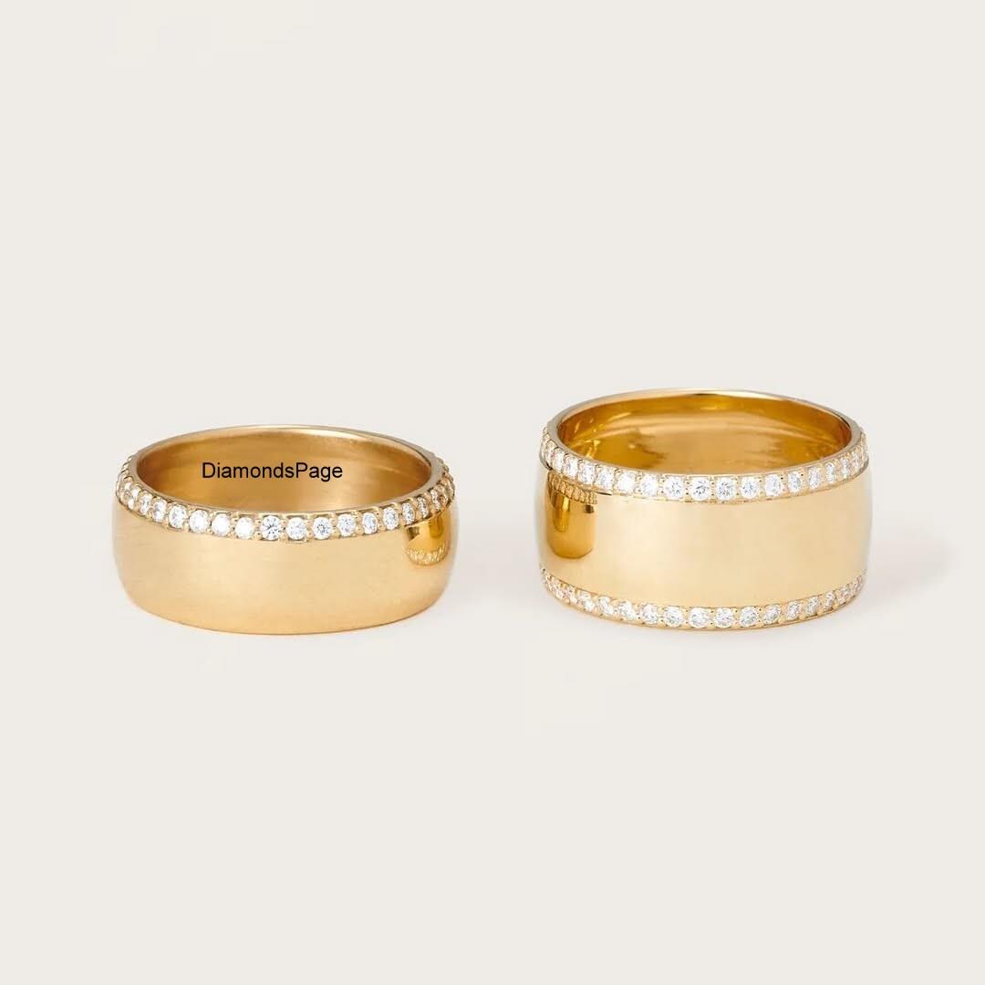 10K Gold Brushed Finish Wide Band, Two Row Pave Wedding Band, Gorgeous ...