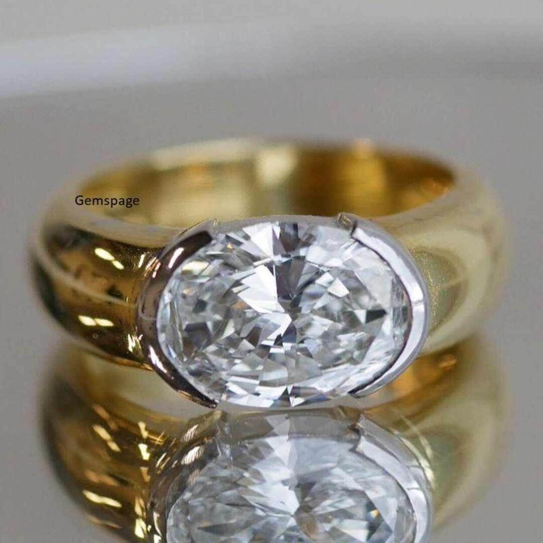 East West Oval Half Bezel Set Ring With Wide Band, Solitaire Wedding ...