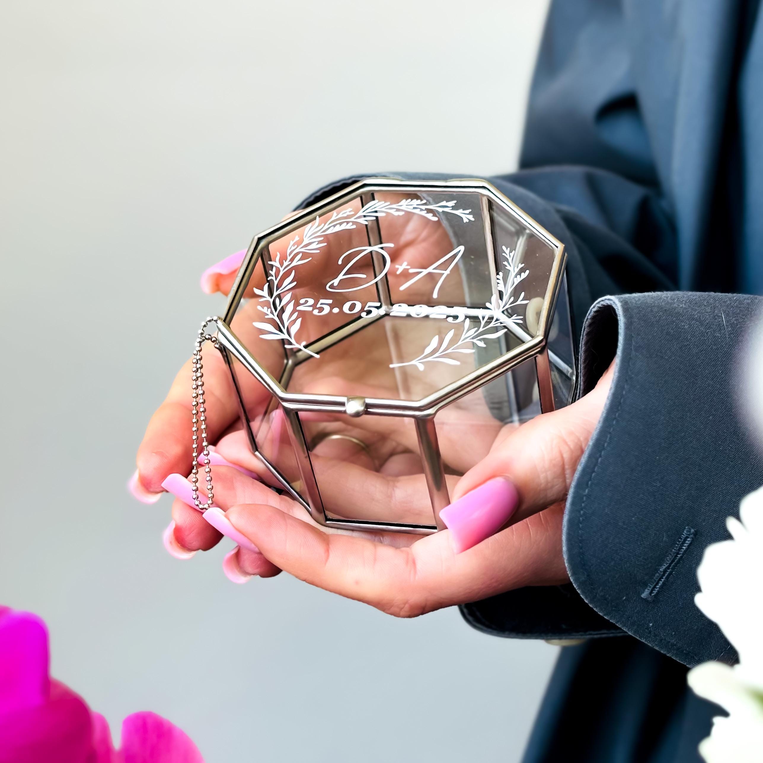 Personalized Glass Wedding Ring Box - Elegant Boho Style Ring Holder ...