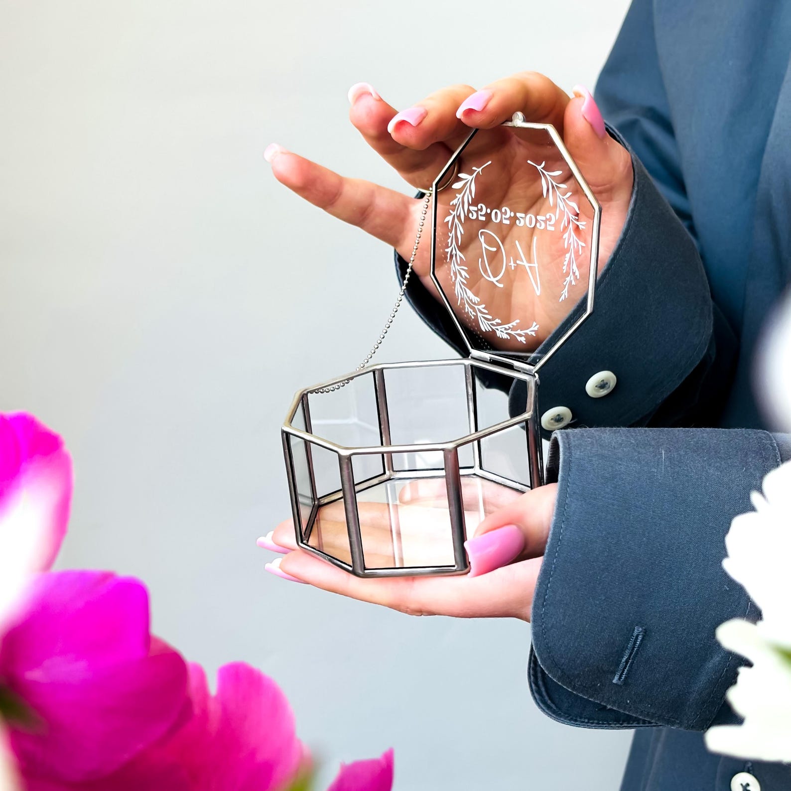 Personalized Glass Wedding Ring Box - Elegant Boho Style Ring Holder ...