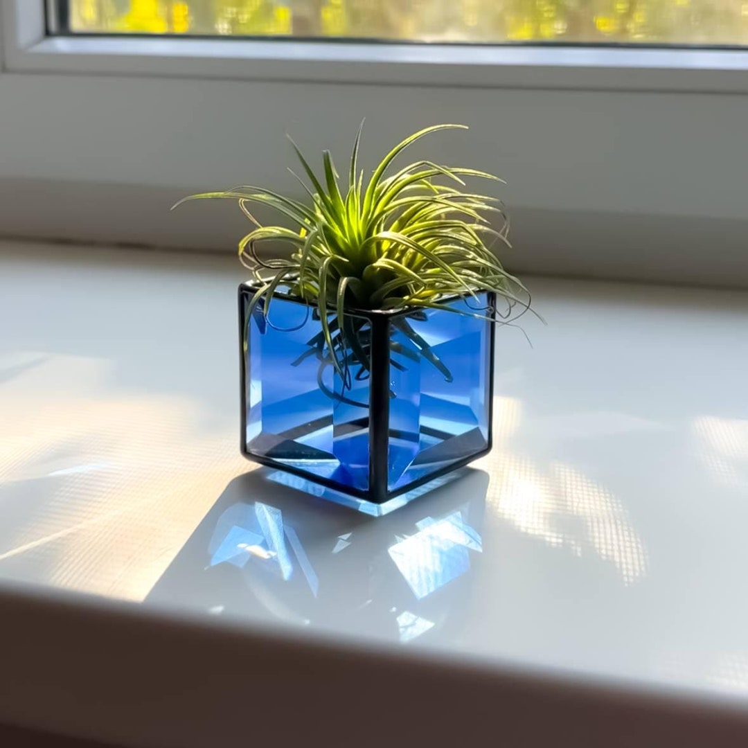 Handmade Faceted Glass Cube Air Plant Holder, Modern Geometric ...