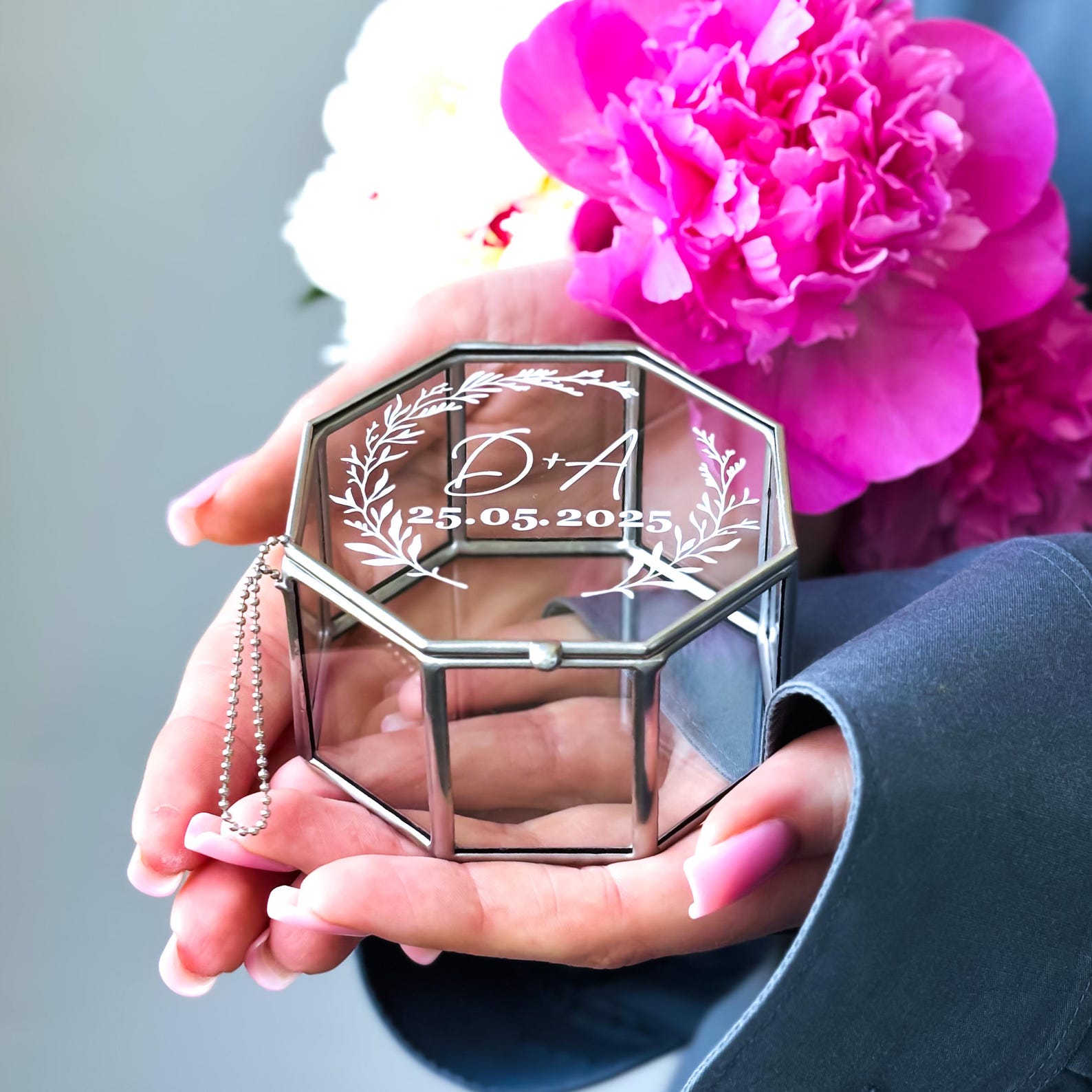 Personalized Glass Wedding Ring Box - Elegant Boho Style Ring Holder ...
