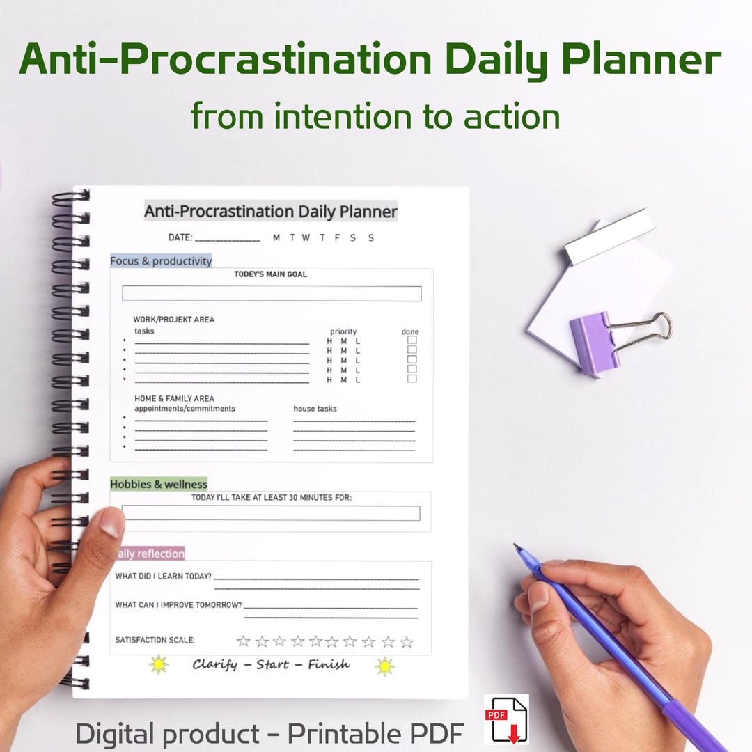 Daily Anti-procrastination Planner | Printable PDF Planner ...