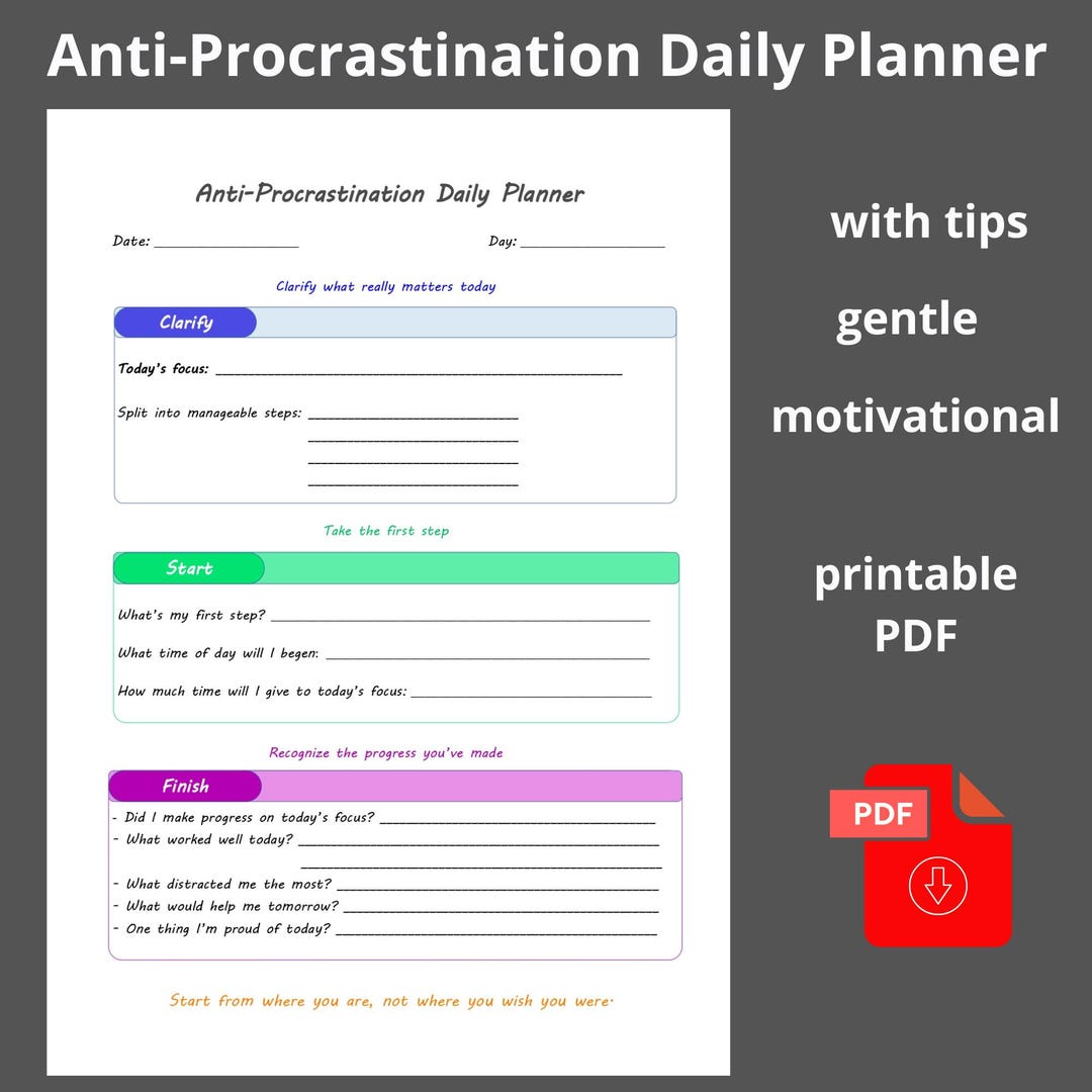 Printable Daily Anti‑procrastination Planner, Gentle Productivity PDF ...