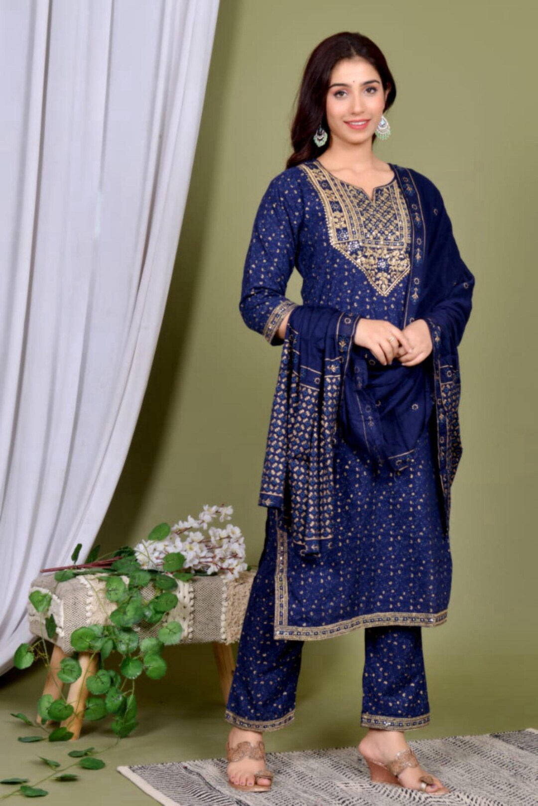 Women Blue Kurta Pant With Dupatta Set Indian Rayon Salwar - Etsy