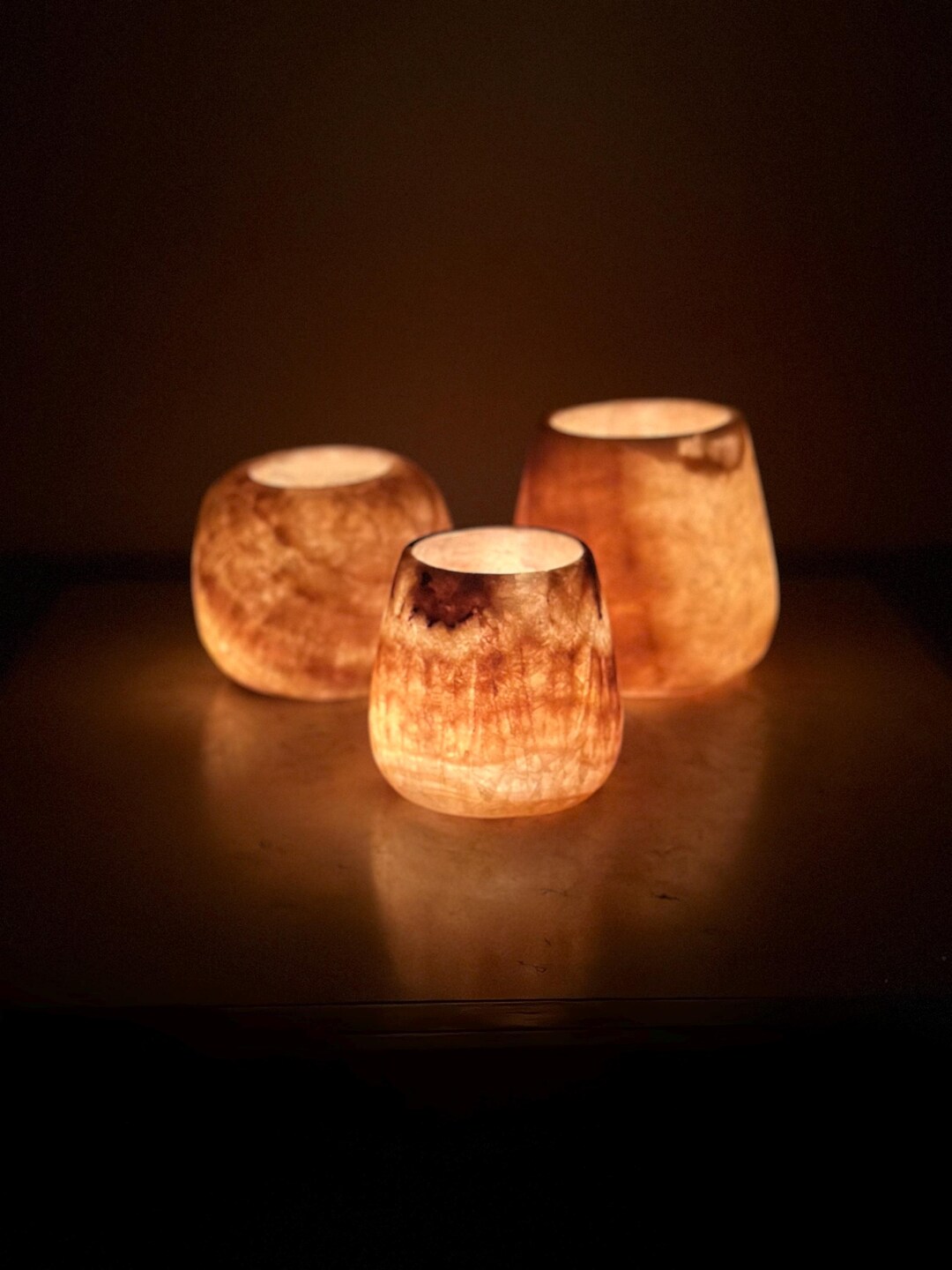 Set of 3 Alabaster Tealight Holders – White Beige With Unique Brown ...